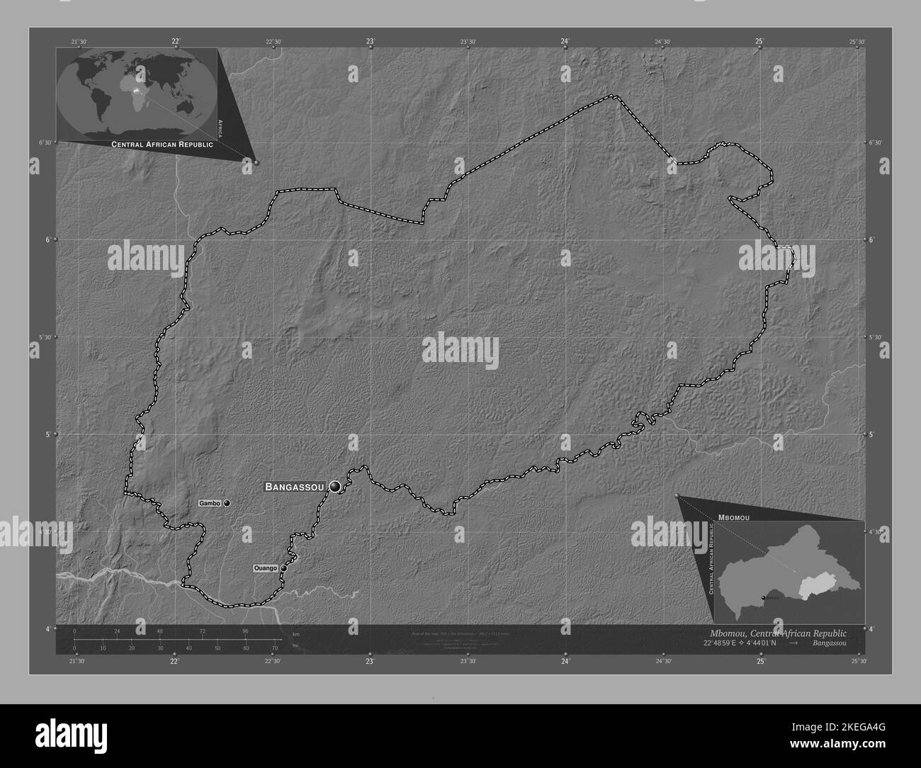 Mbomou, prefecture of Central African Republic. Bilevel elevation map ...