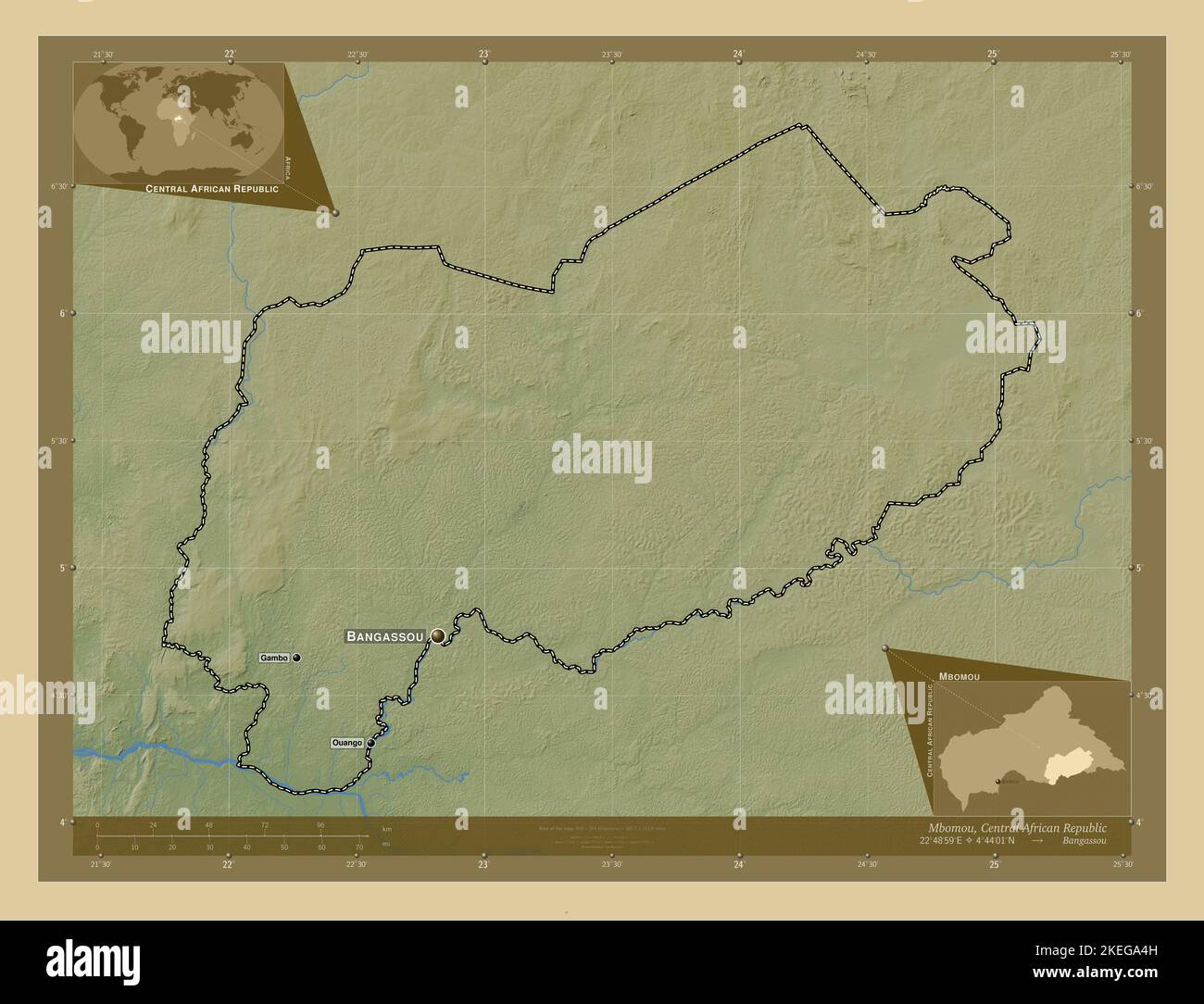 Mbomou, prefecture of Central African Republic. Colored elevation map ...