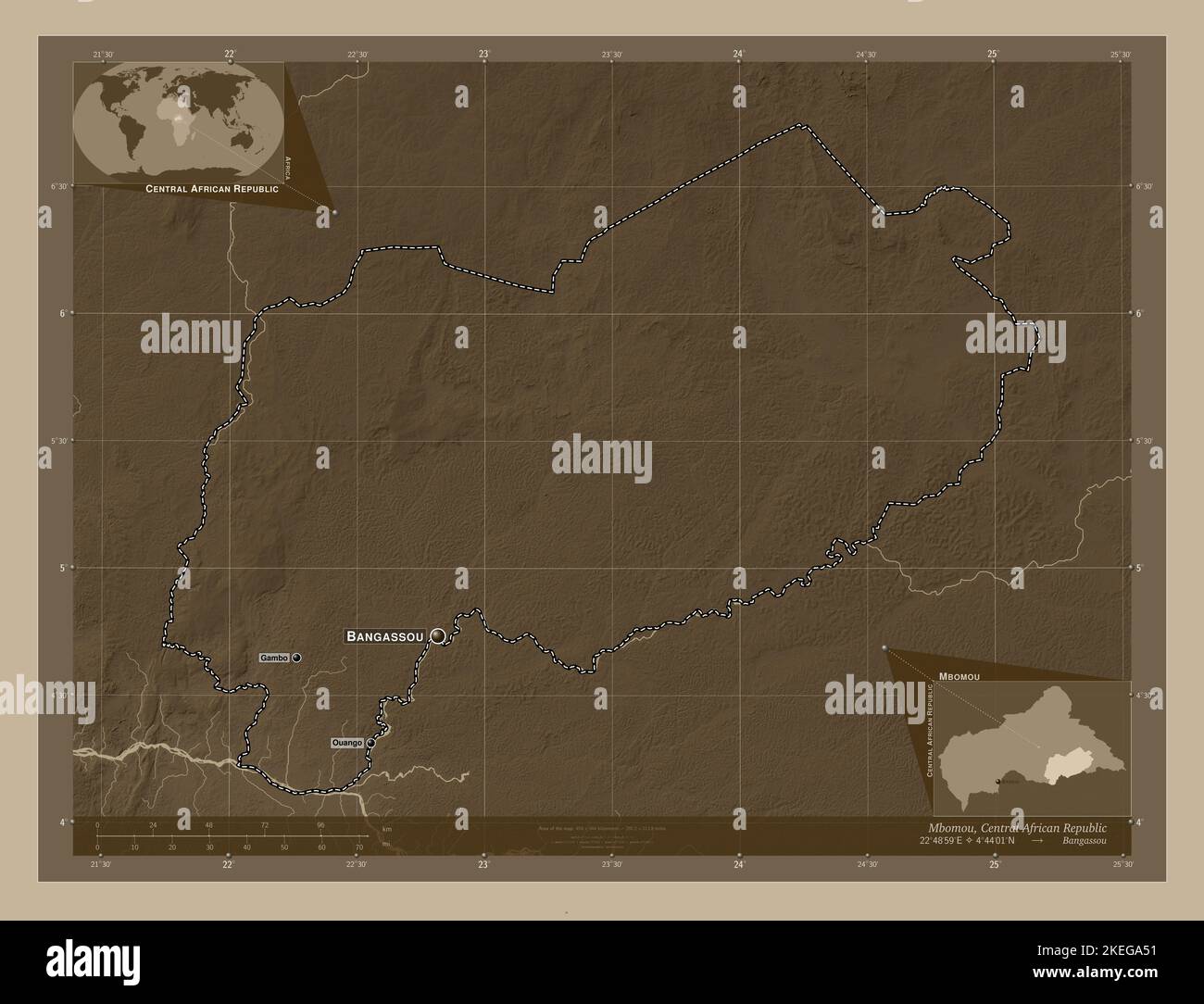 Mbomou, prefecture of Central African Republic. Elevation map colored ...