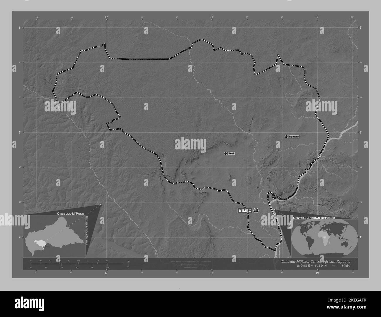 Ombella-M'Poko, prefecture of Central African Republic. Grayscale ...