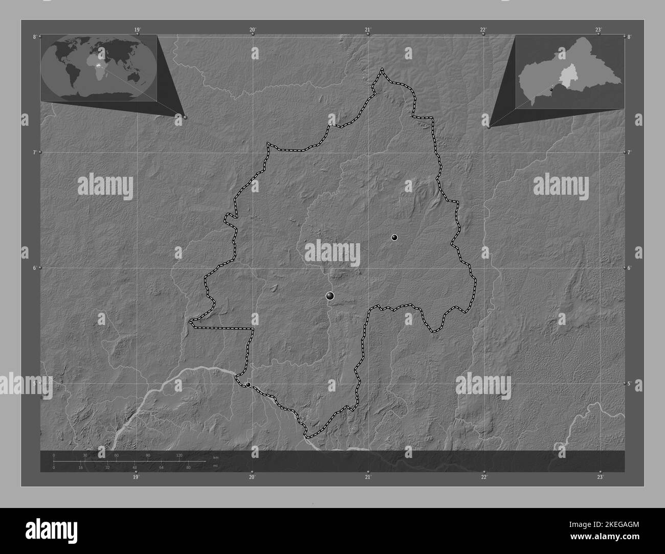 Ouaka, prefecture of Central African Republic. Bilevel elevation map ...