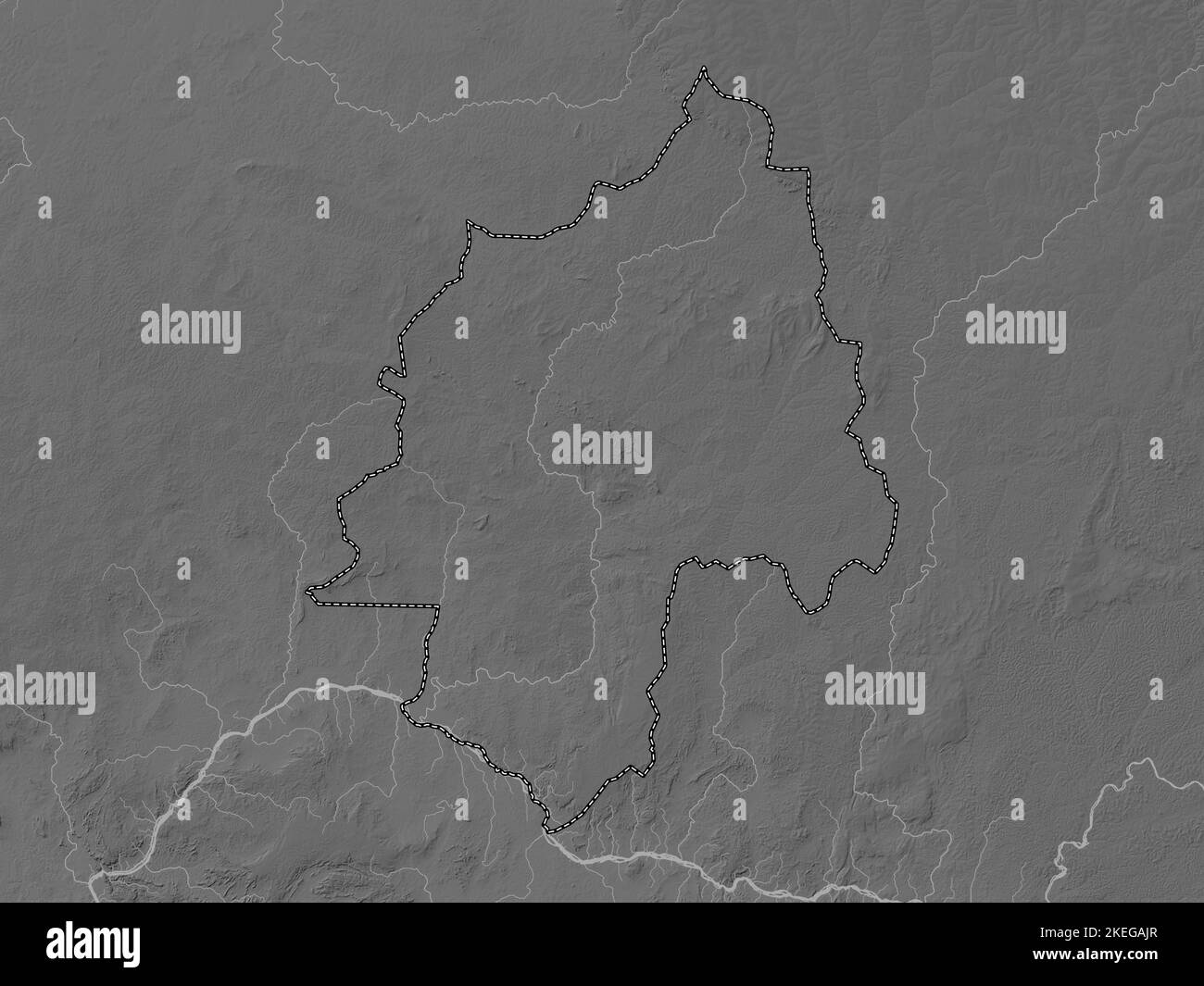 Ouaka, prefecture of Central African Republic. Grayscale elevation map with lakes and rivers ...
