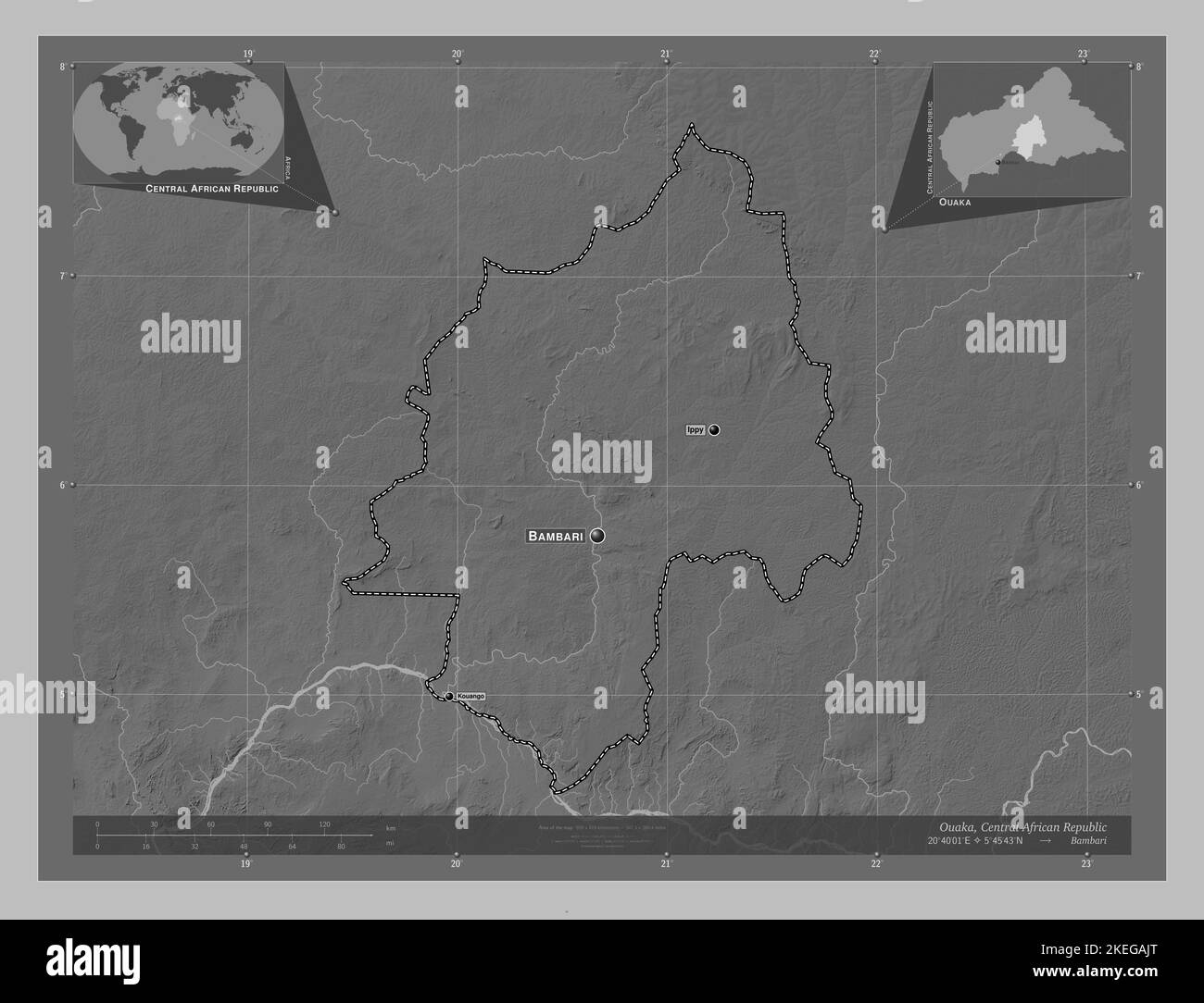 Ouaka, prefecture of Central African Republic. Grayscale elevation map ...
