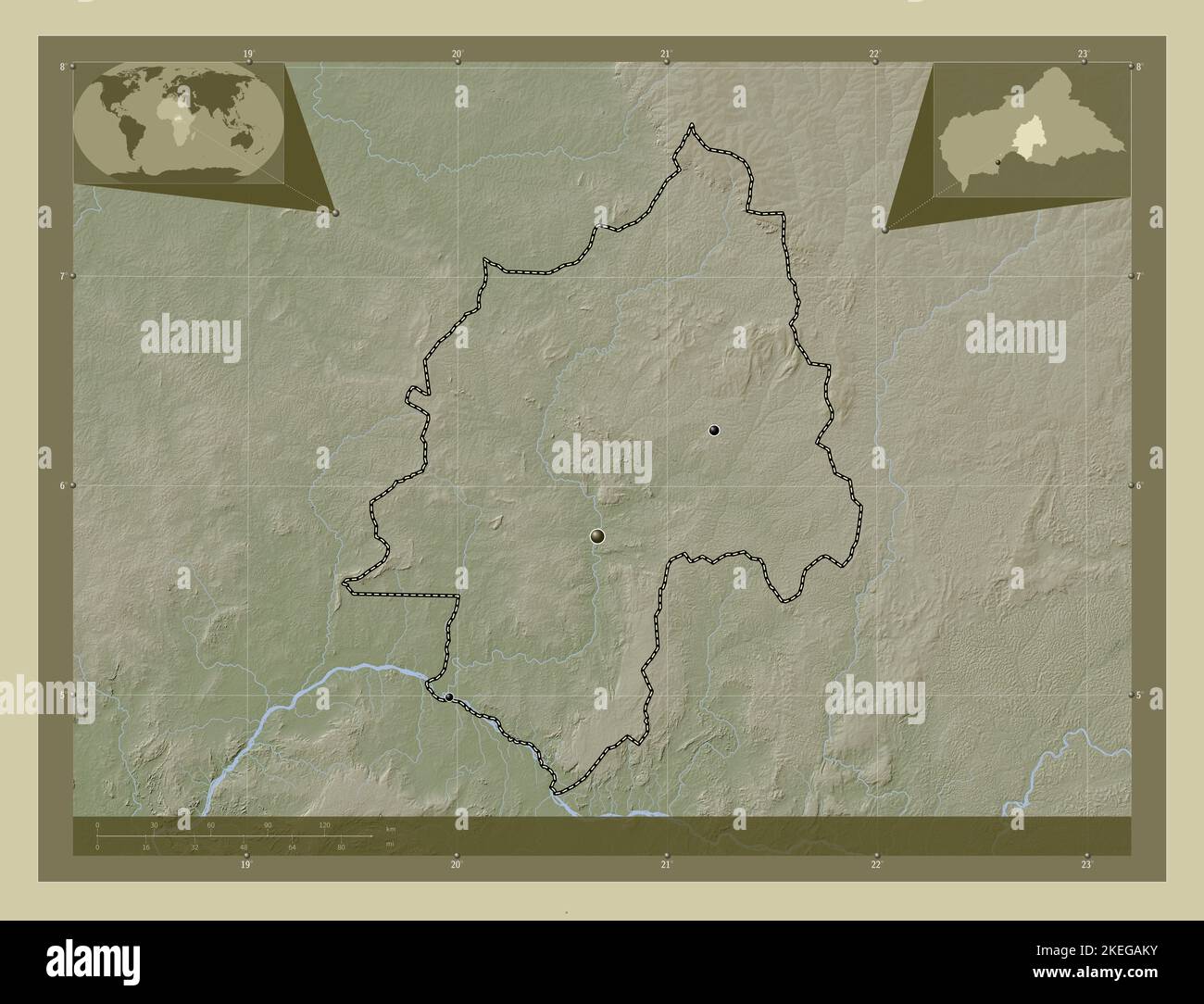 Ouaka, prefecture of Central African Republic. Elevation map colored in ...