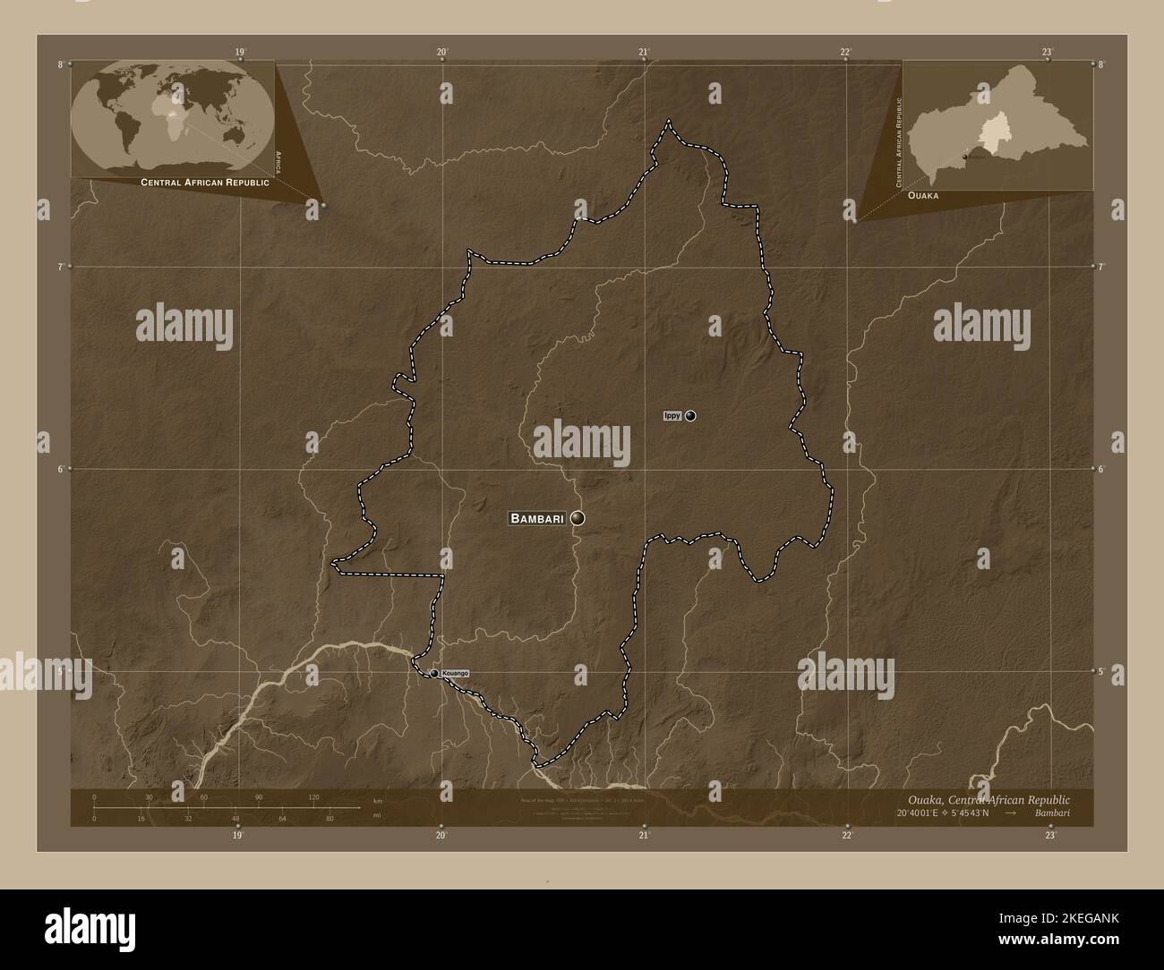 Ouaka, prefecture of Central African Republic. Elevation map colored in ...