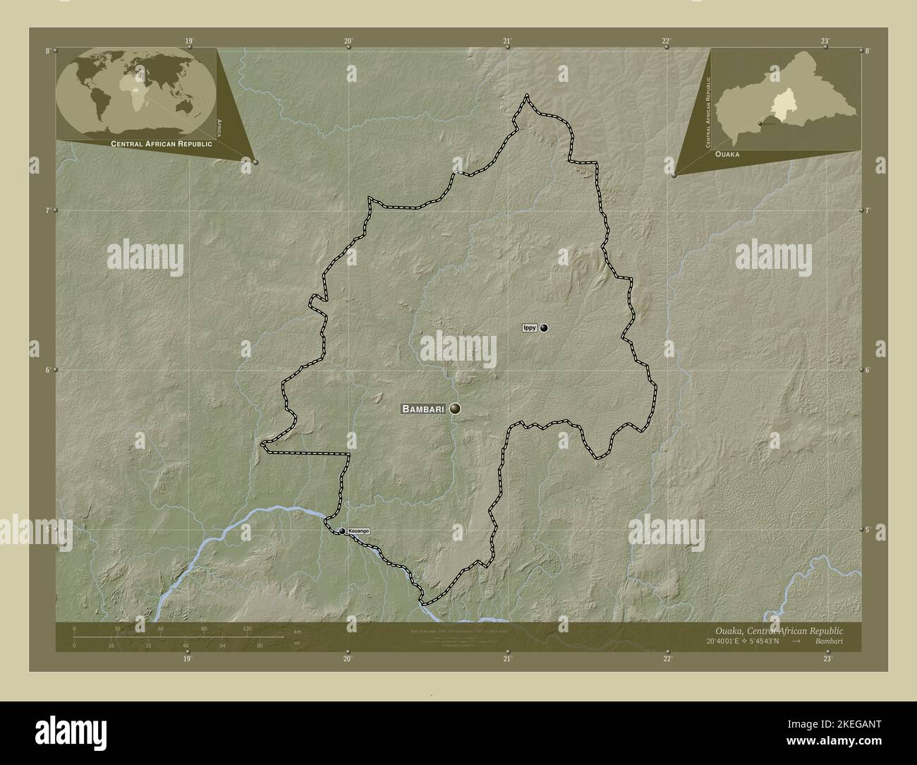 Ouaka, prefecture of Central African Republic. Elevation map colored in ...