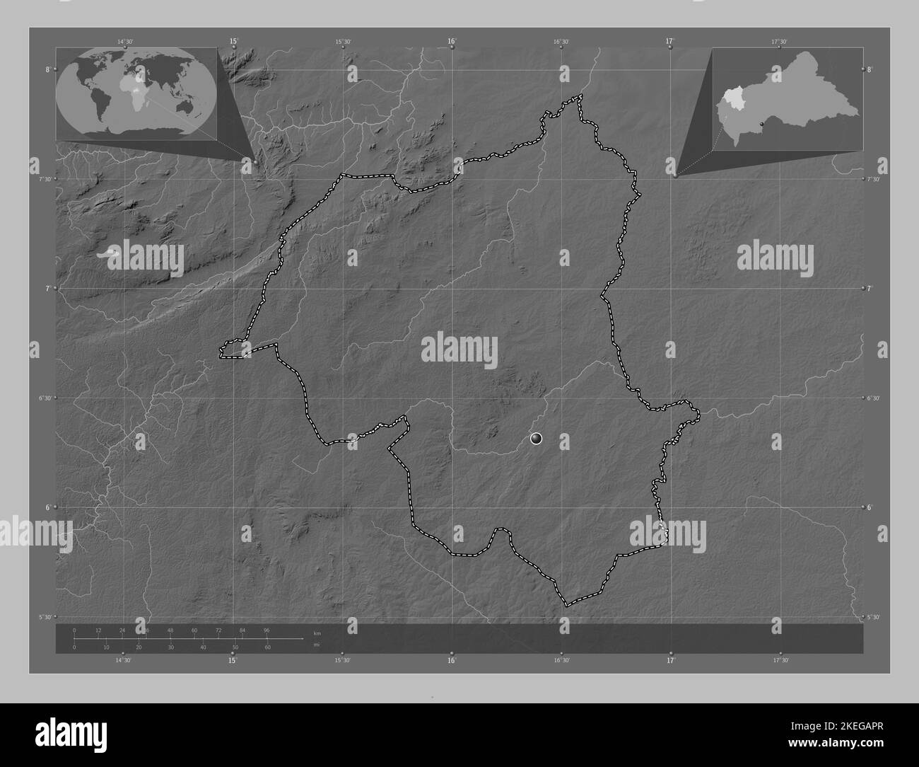 Ouham-Pende, prefecture of Central African Republic. Grayscale elevation map with lakes and ...