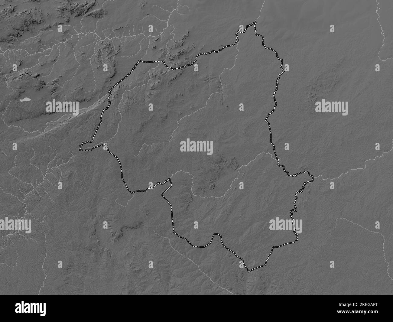 Ouham-Pende, prefecture of Central African Republic. Grayscale elevation map with lakes and ...