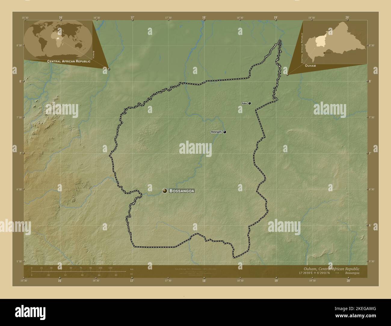 Ouham, prefecture of Central African Republic. Colored elevation map ...