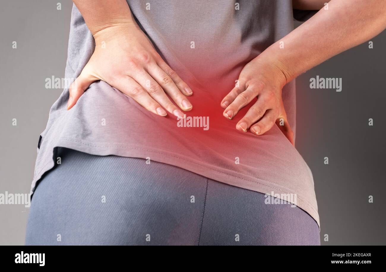 Lumbar pain, lower back ache. Loin disease. Spine, backache closeup ...