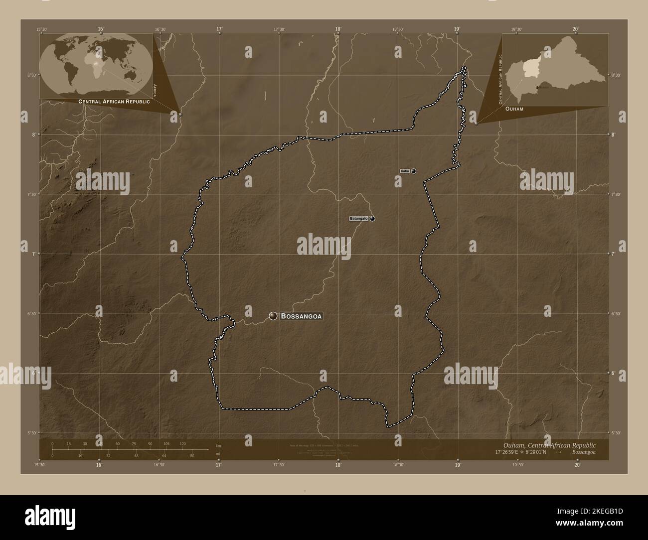 Ouham, prefecture of Central African Republic. Elevation map colored in ...