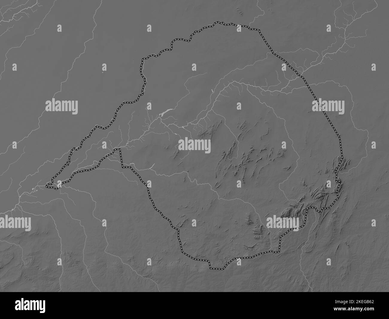 Vakaga, prefecture of Central African Republic. Grayscale elevation map with lakes and rivers ...