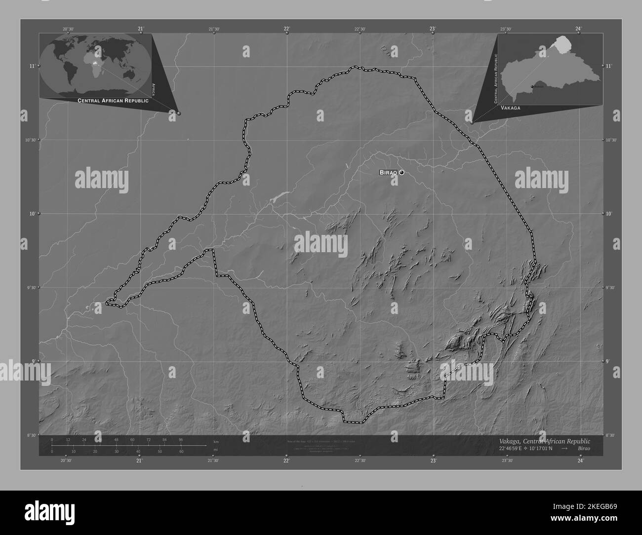Vakaga, prefecture of Central African Republic. Bilevel elevation map ...