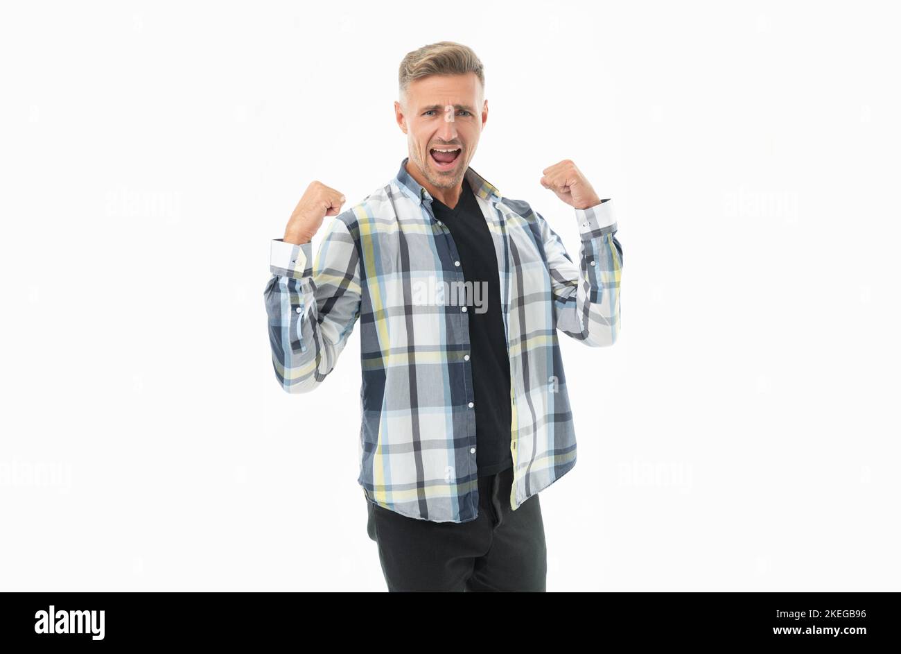 studio shot of happy grizzled guy. mature unshaven guy isolated on ...