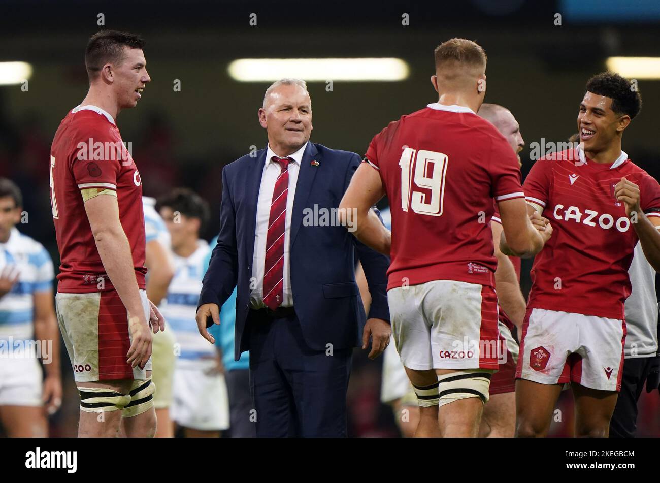 Wales head coach Wayne Pivac (centre) greets Adam Beard and Ben Carter ...