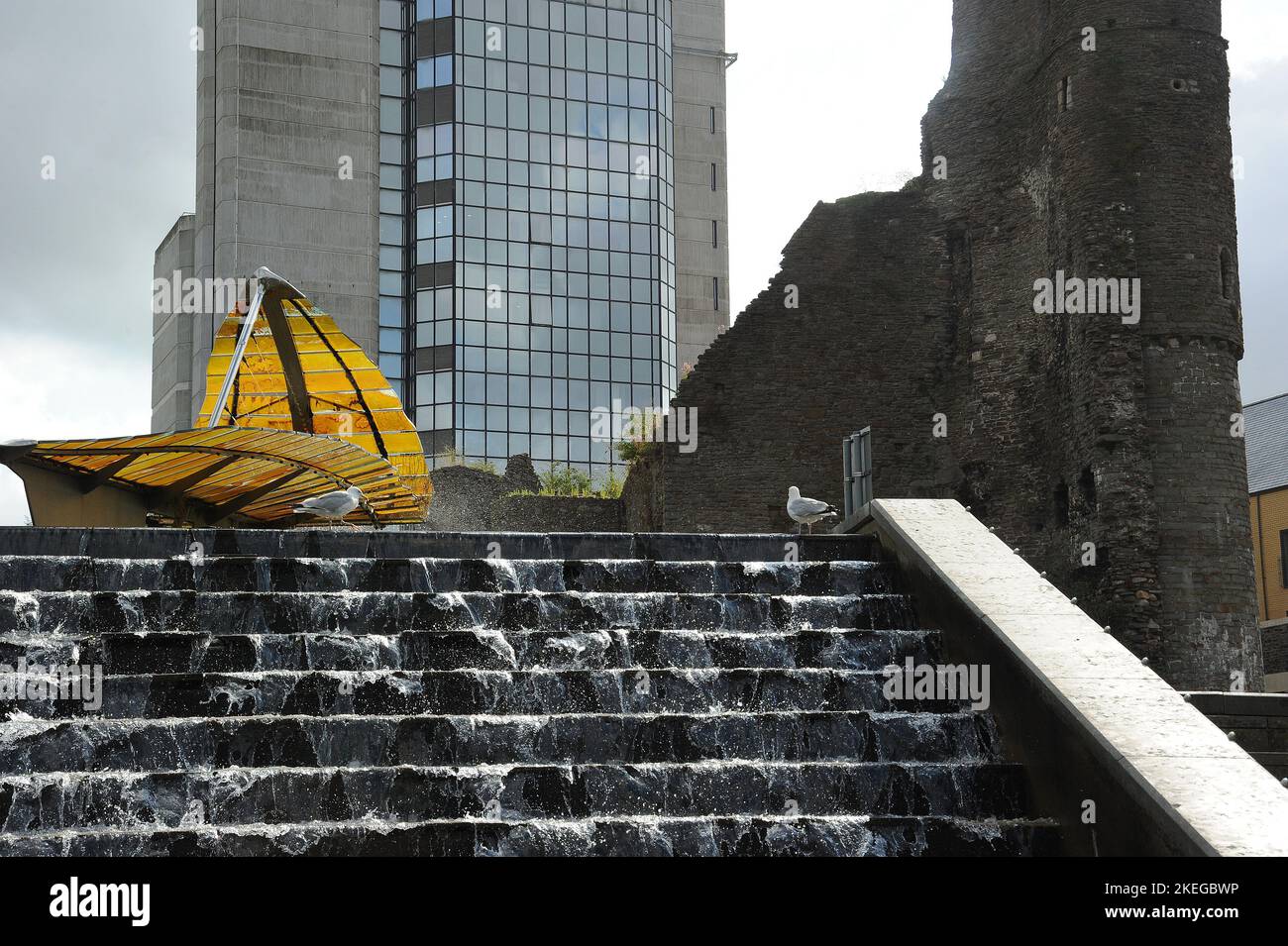 The cascade in Castle Square with the Castle and BT Tower beyond Stock ...