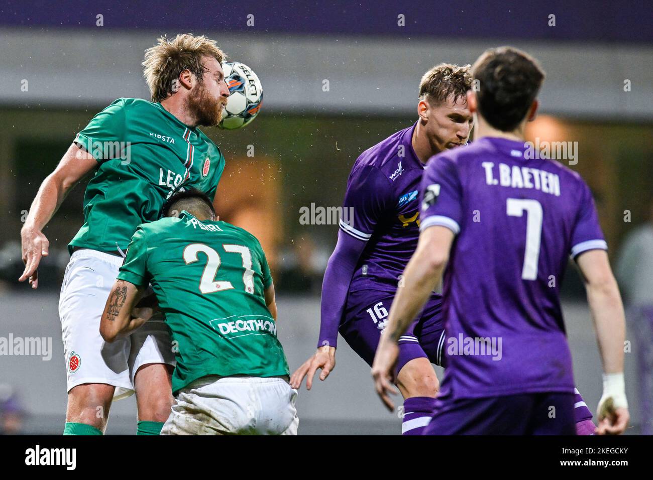 Virton's Ruben Droehnle and Beerschot's Leo Seydoux pictured in action ...