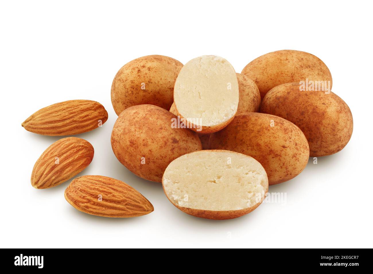 Marzipan balls or potatoes with almond isolated on white background ...