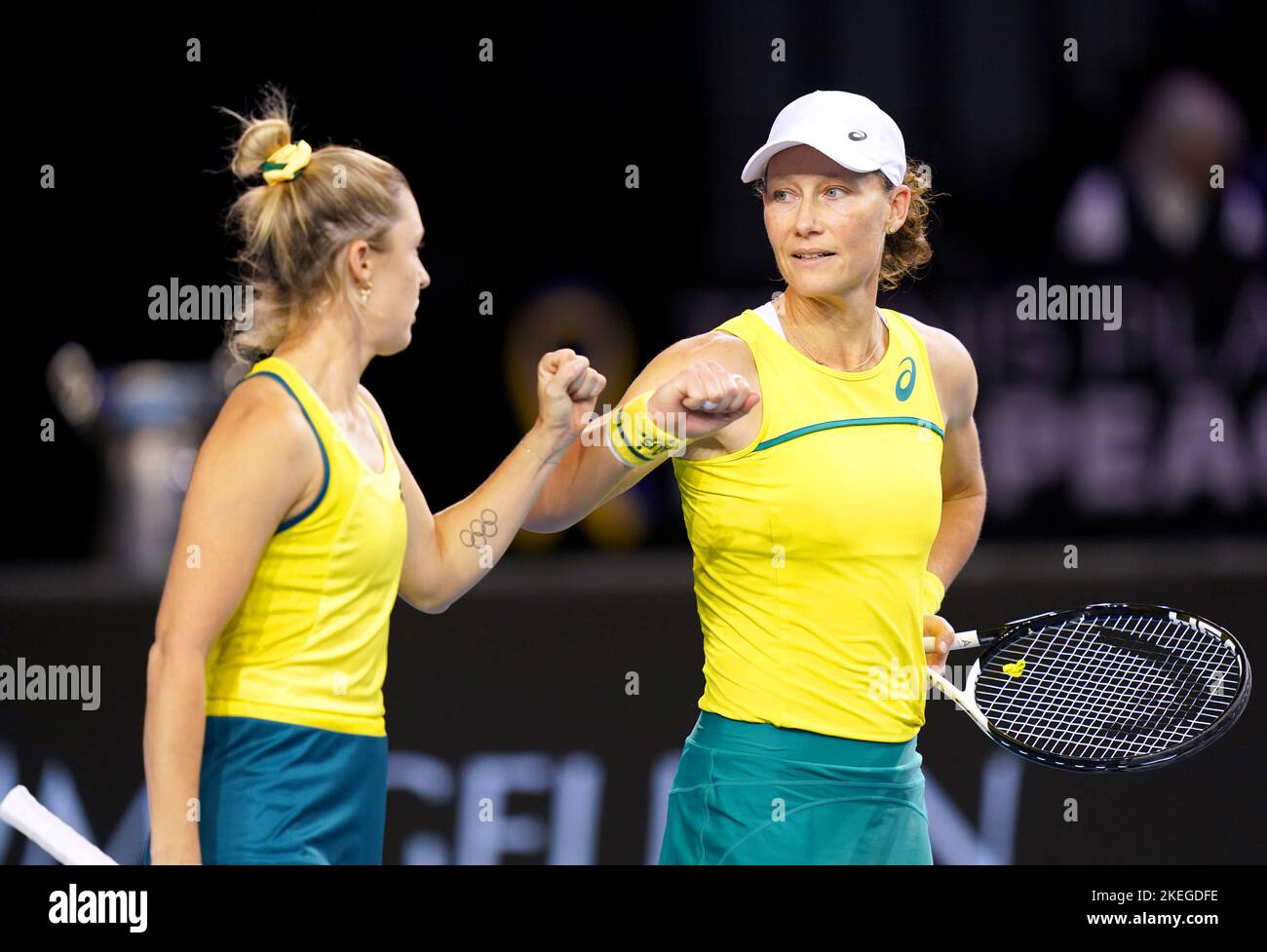 Australia's Samantha Stosur (right) and Storm Sanders fist bump during ...