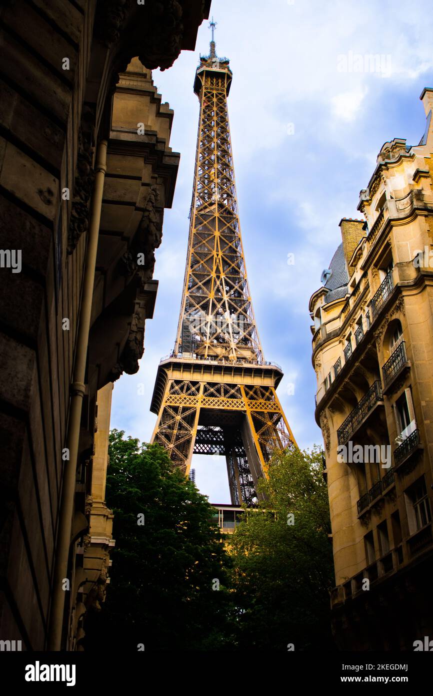 A vertical shot of the Eiffel Tower in France between the buildings ...
