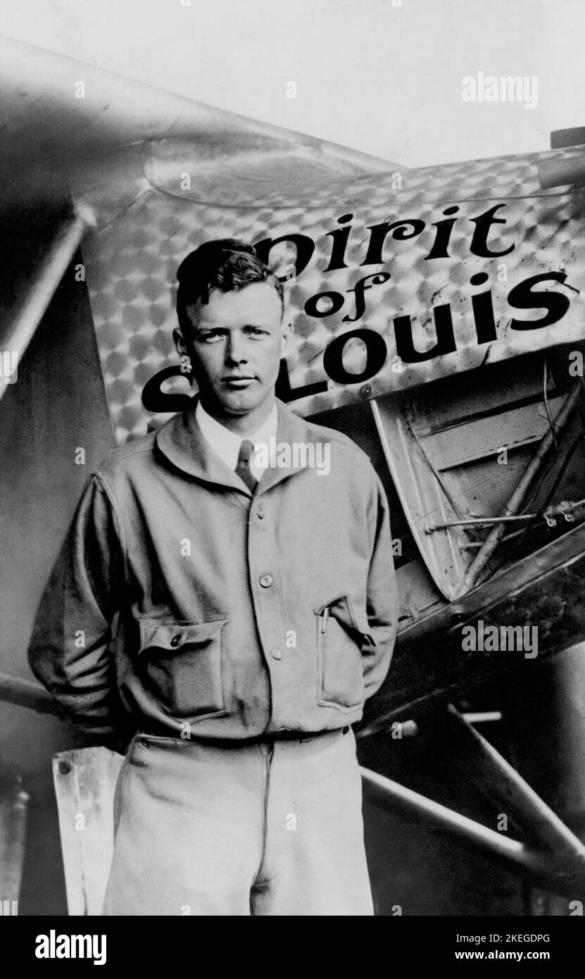 Charles Lindbergh and the airplane Spirit of St Louis, 1920s Stock ...