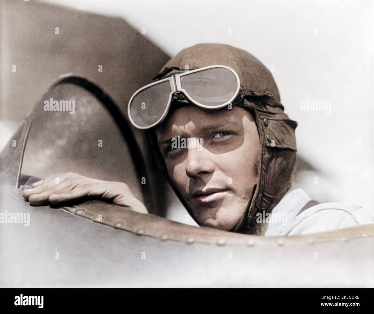 Charles Lindbergh, wearing helmet with goggles up, c 1923 colorized ...
