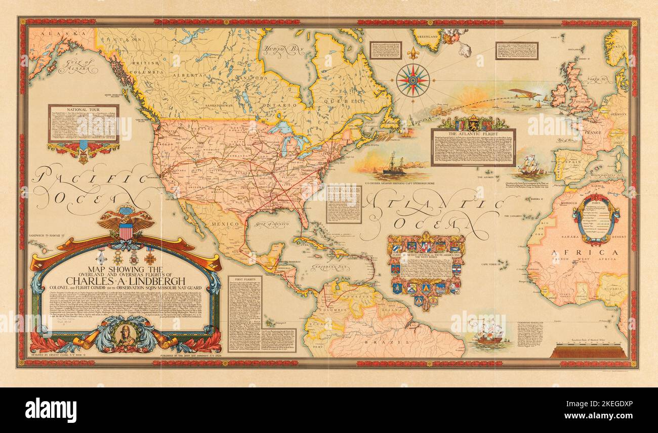 Map showing the overland and overseas flights of Charles A. Lindbergh ...