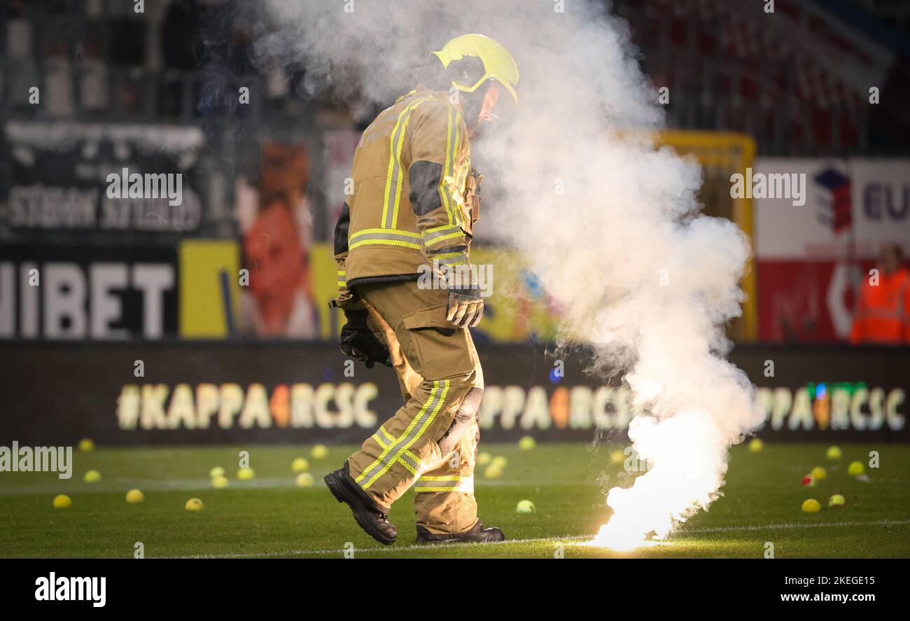 Fire fighters pictured at a soccer match between Sporting Charleroi and ...