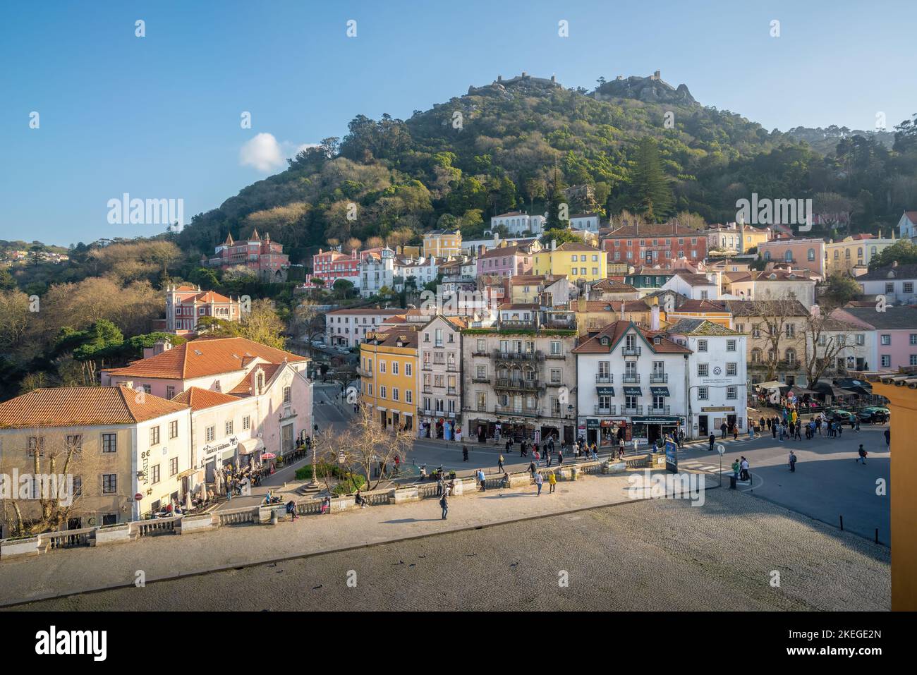 Republic Square at Sintra Old Town with Moorish Castle on background ...