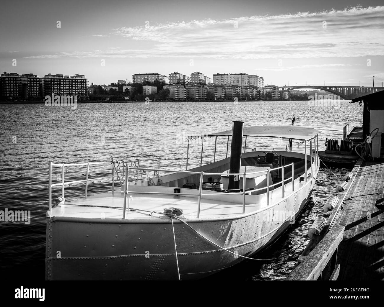 Boat in small harbor Black and White Stock Photos & Images - Alamy