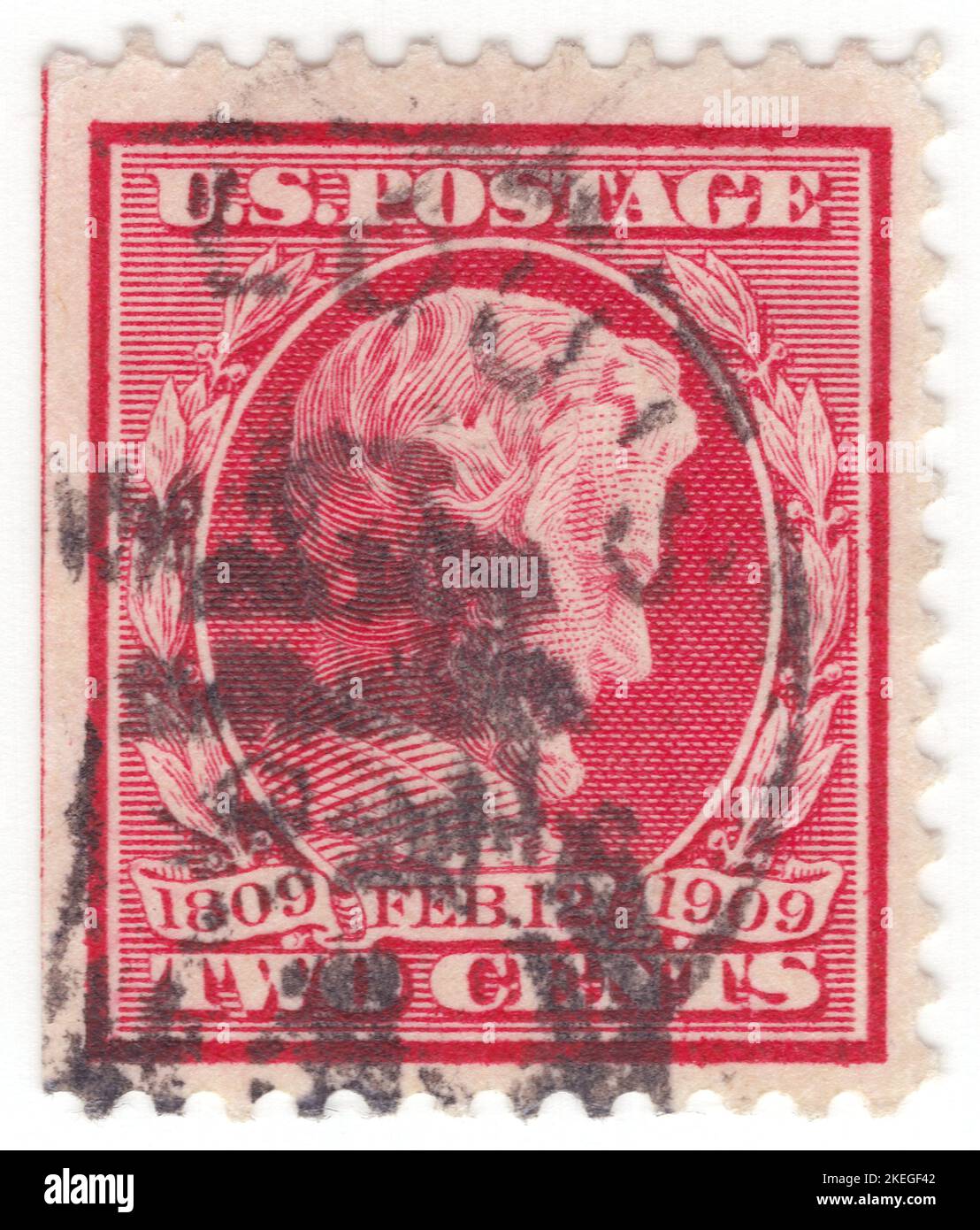 USA - 1909 February 12: An 2 cents carmine postage stamp depicting ...