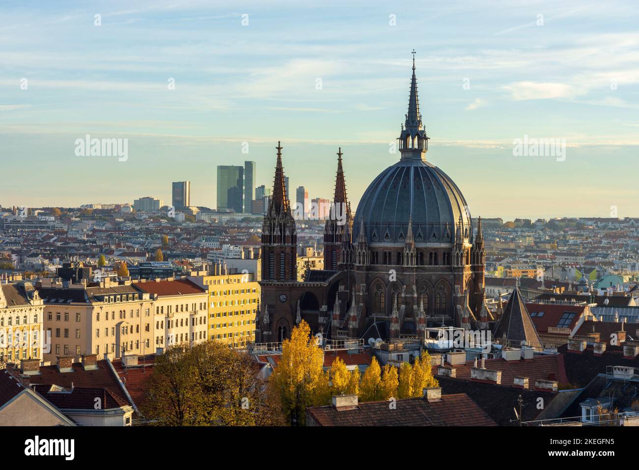Wien, Vienna: church Kirche Maria vom Siege, high-rises at Wienerberg ...