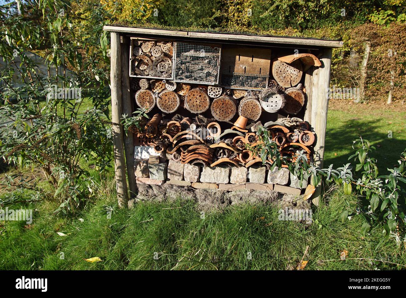 Insect hotel with stones, old tiles, drilled holes in logs, bark ...