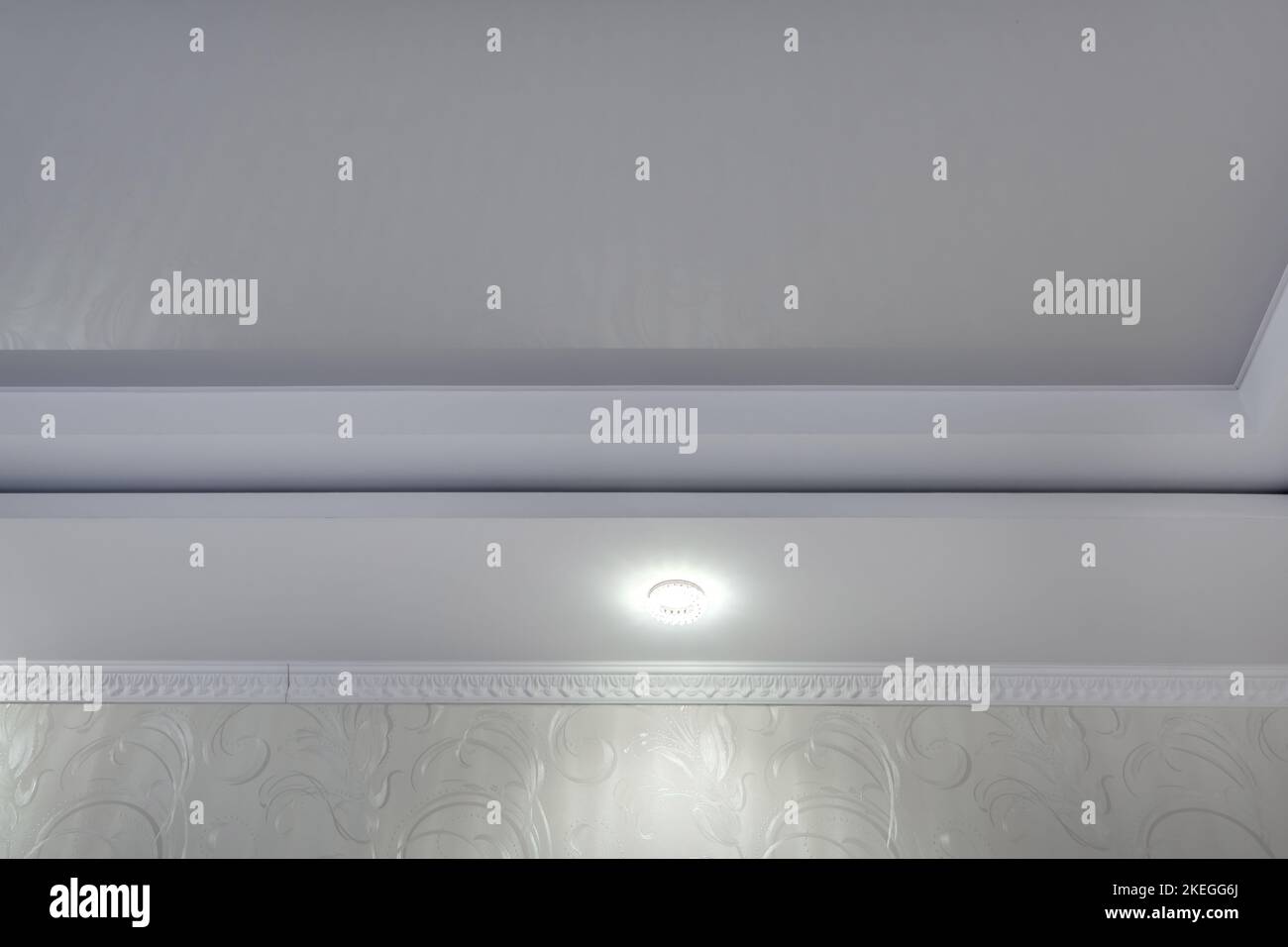 Detail of corner ceiling with intricate crown molding. Suspended ...