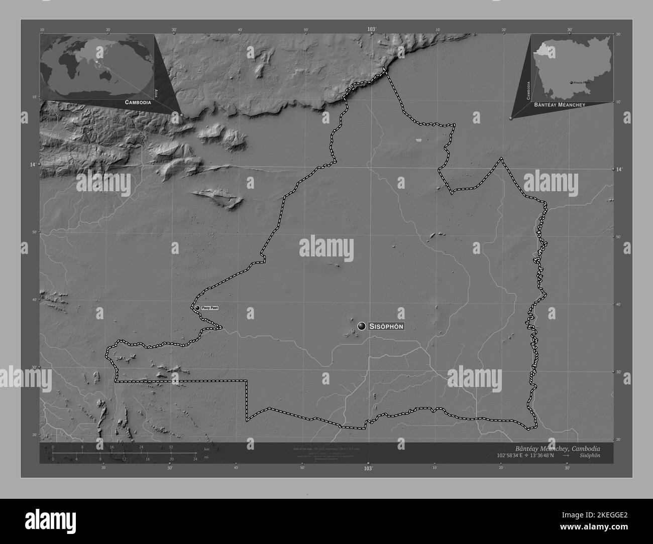 Banteay Meanchey, province of Cambodia. Bilevel elevation map with ...