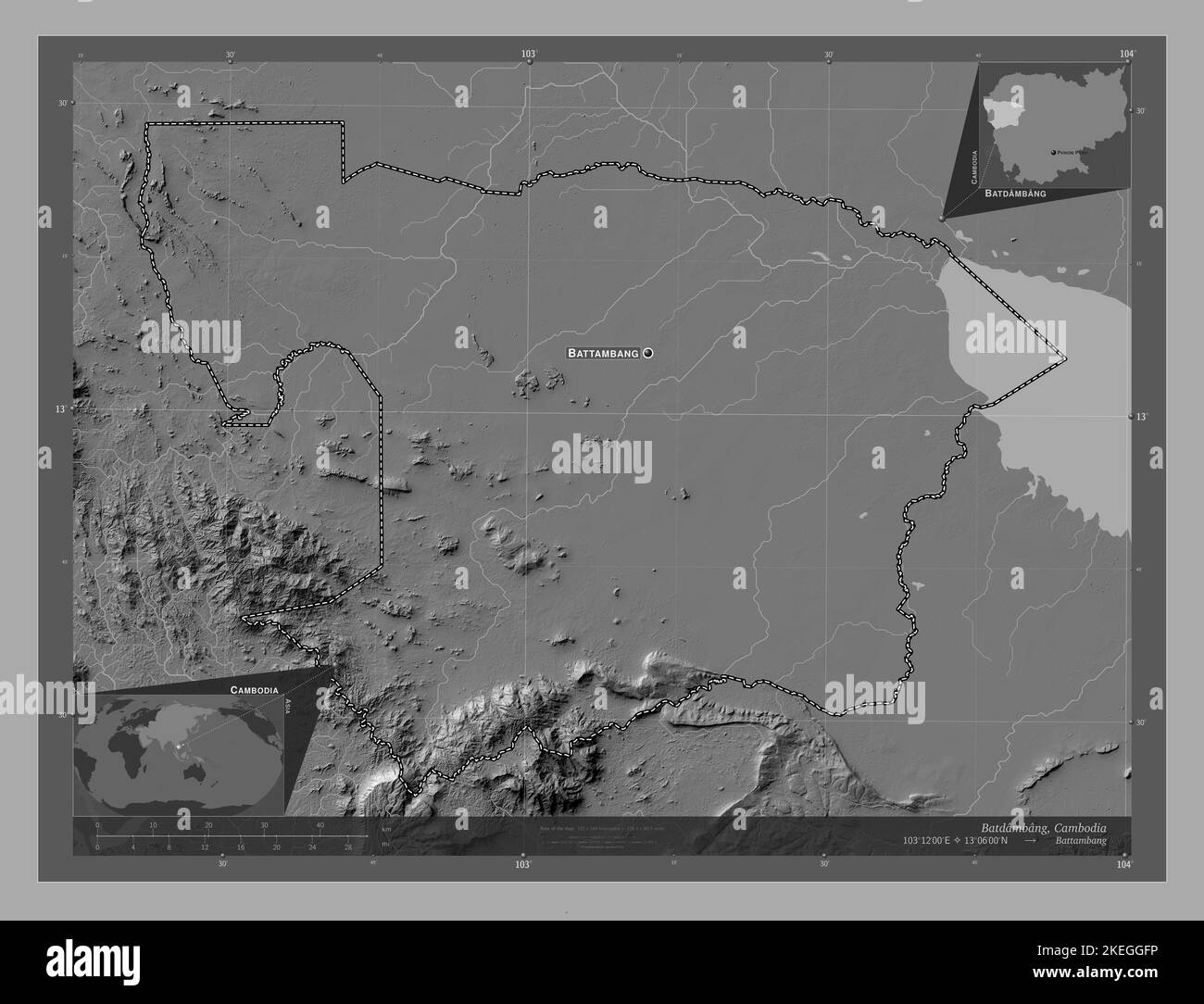 Batdambang, province of Cambodia. Bilevel elevation map with lakes and ...