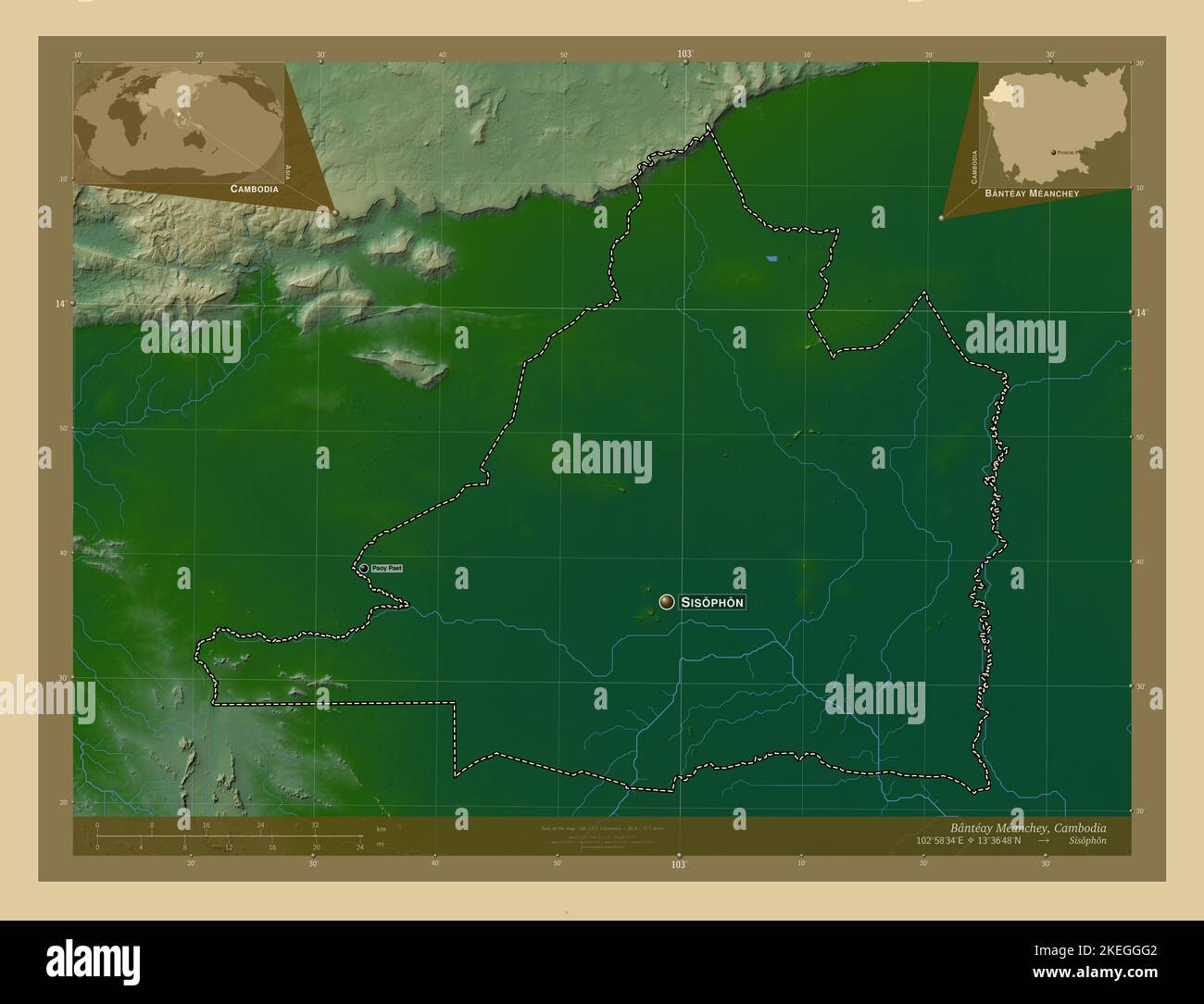 Banteay Meanchey, province of Cambodia. Colored elevation map with ...