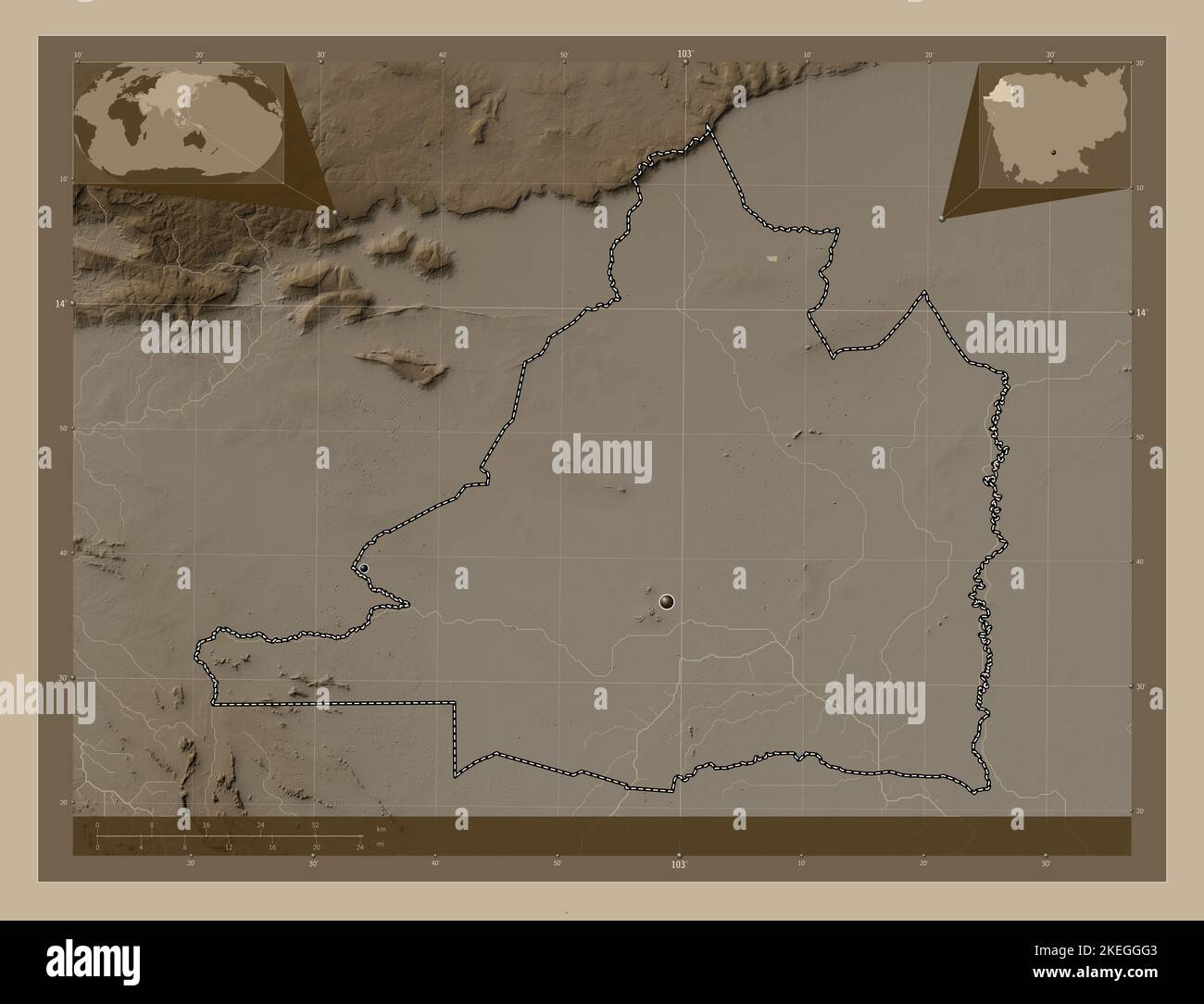 Banteay Meanchey, province of Cambodia. Elevation map colored in sepia ...