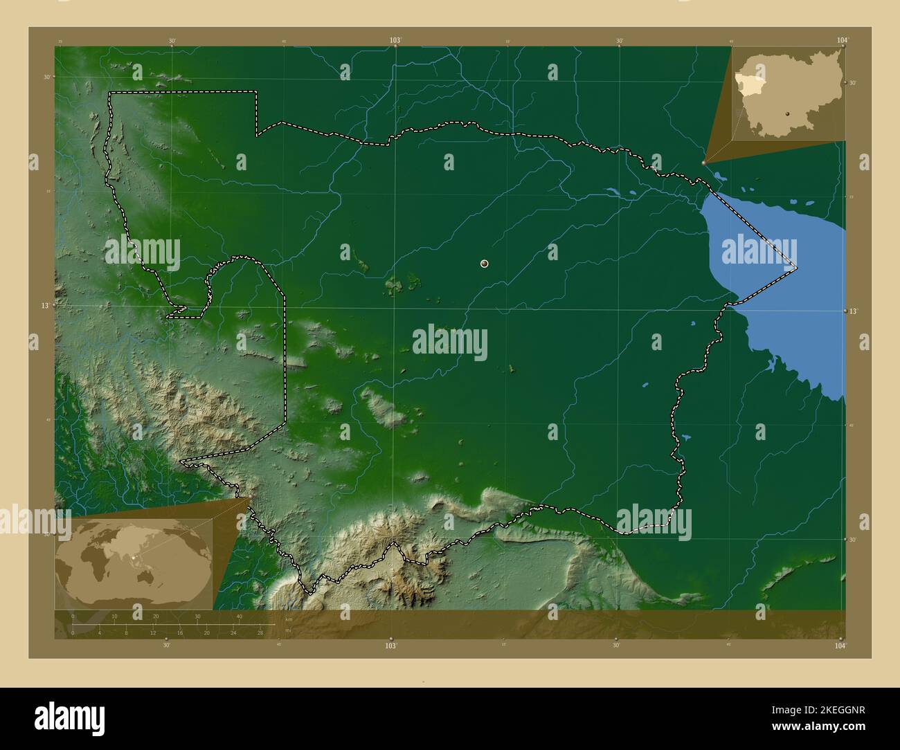 Batdambang, province of Cambodia. Colored elevation map with lakes and ...