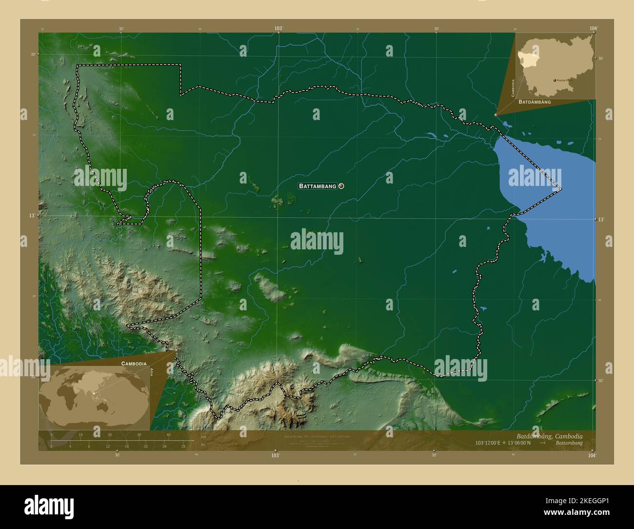 Batdambang, province of Cambodia. Colored elevation map with lakes and ...