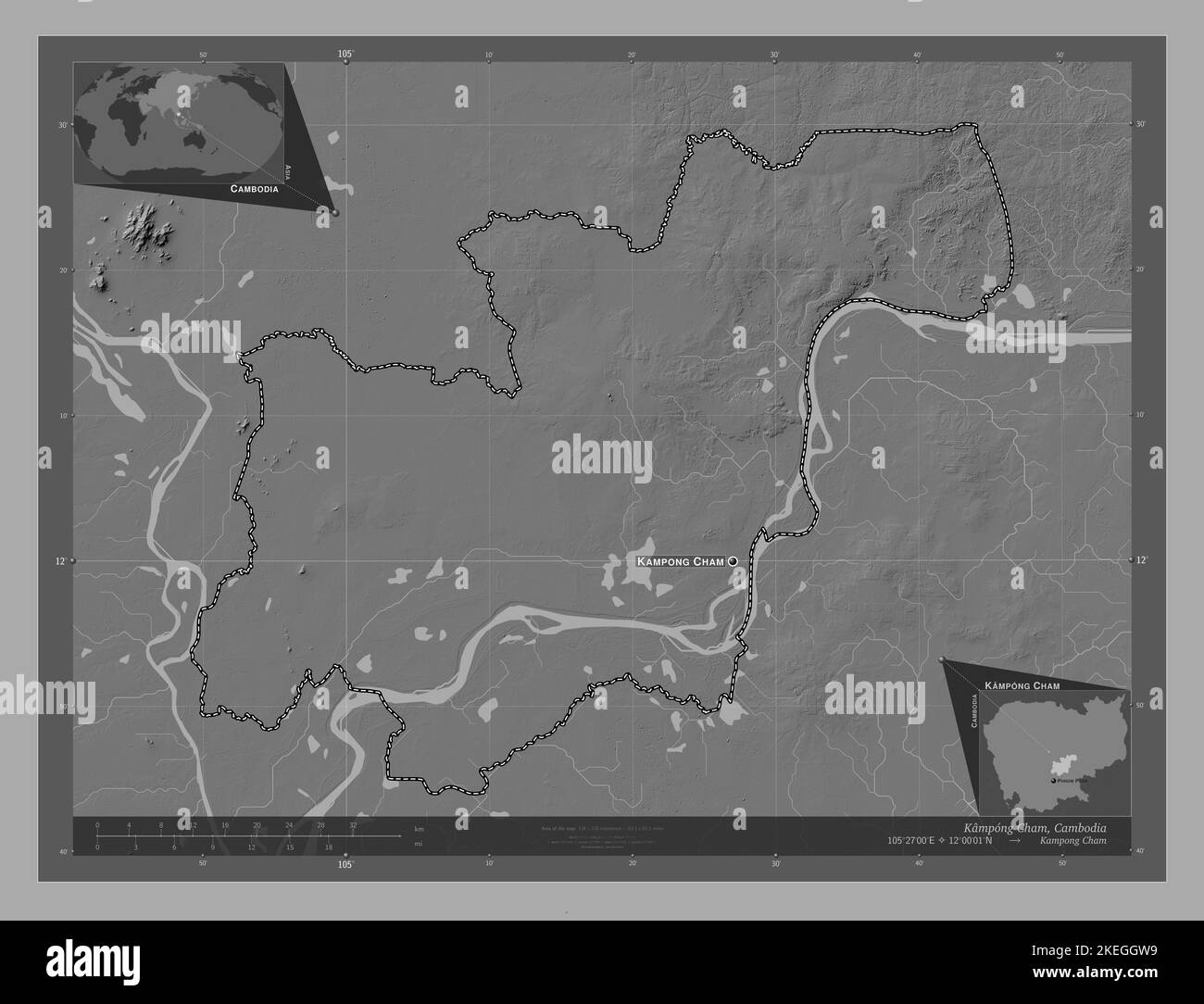 Kampong Cham, province of Cambodia. Bilevel elevation map with lakes ...