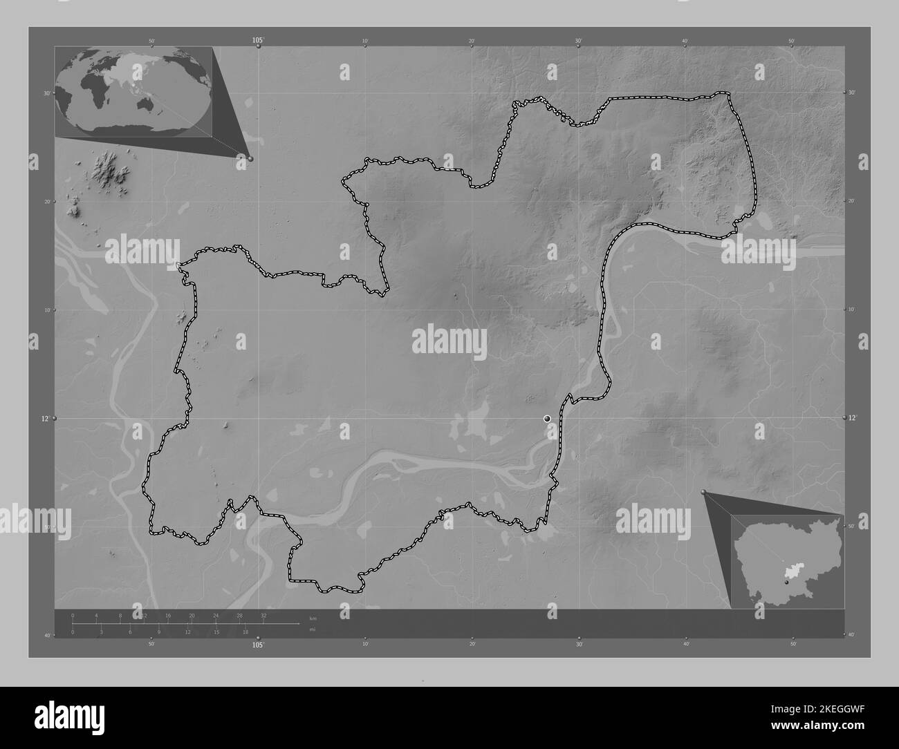 Kampong Cham, province of Cambodia. Grayscale elevation map with lakes ...