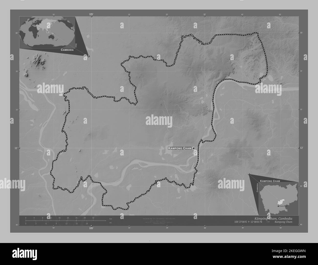 Kampong Cham, province of Cambodia. Grayscale elevation map with lakes ...