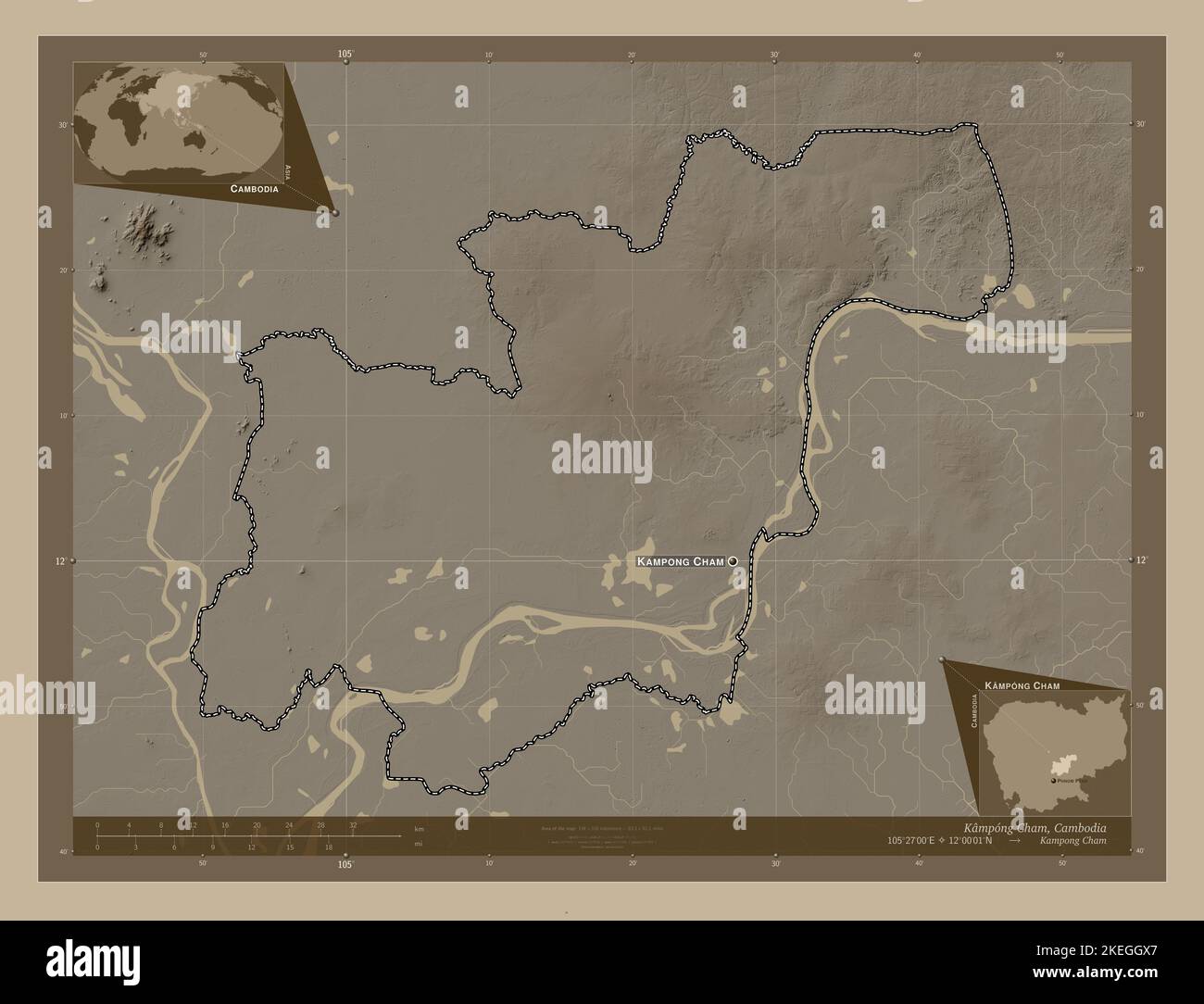 Kampong Cham, province of Cambodia. Elevation map colored in sepia ...