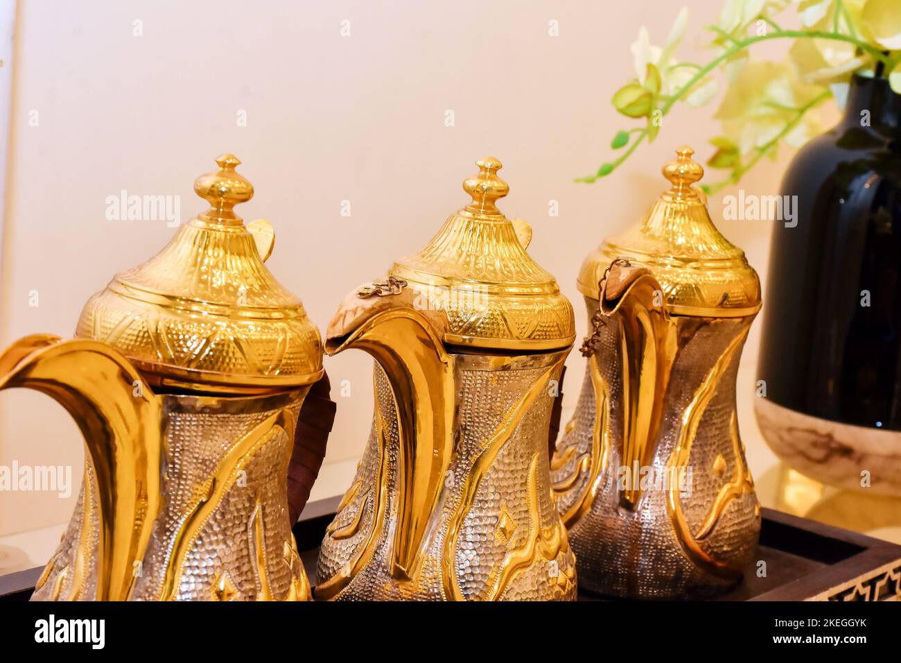 closeup of arabian cultural coffeepot ( dalla ) set of three luxury ...