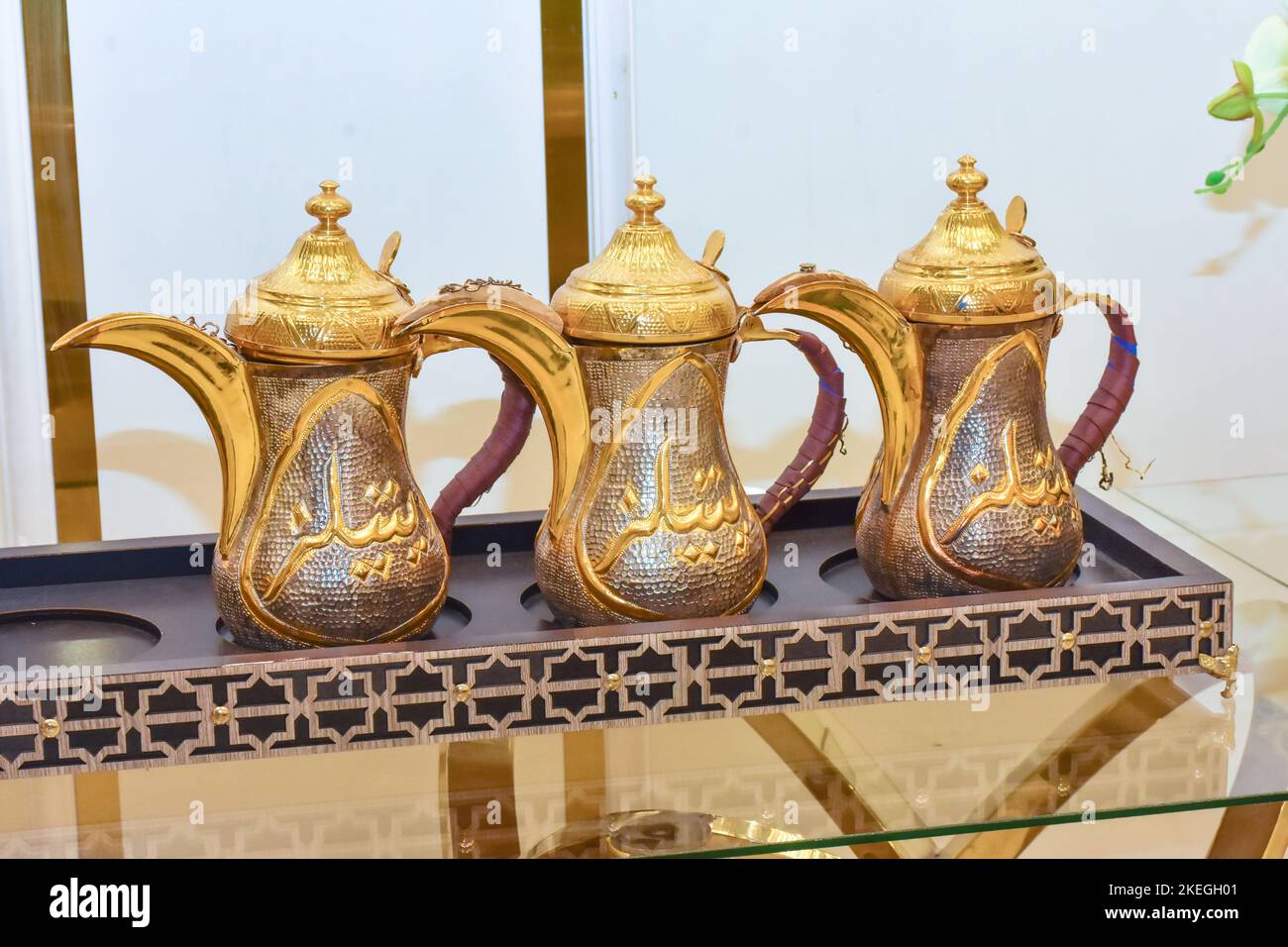 closeup of arabian cultural coffeepot ( dalla ) set of three luxury ...