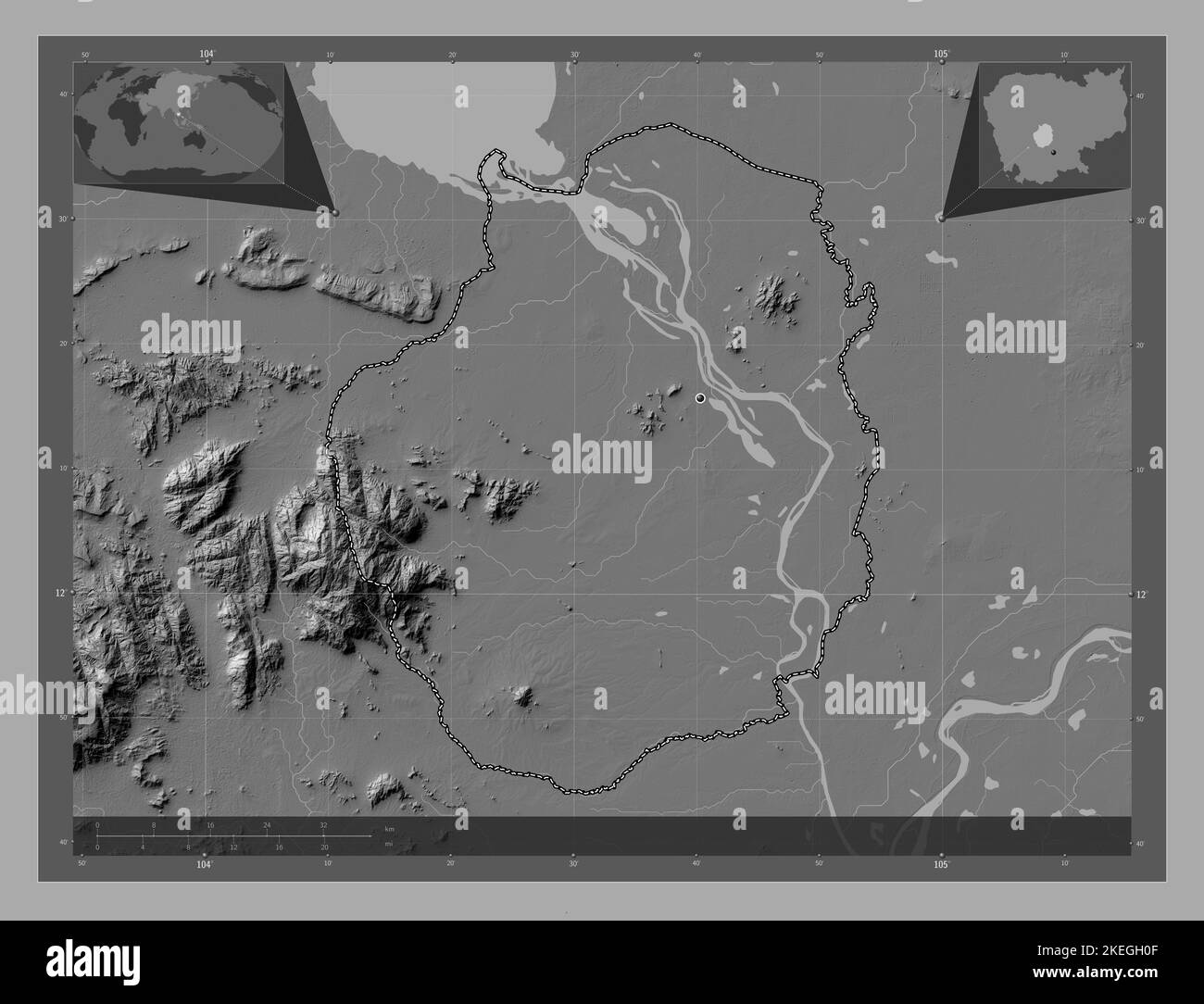Kampong Chhnang, province of Cambodia. Bilevel elevation map with lakes ...