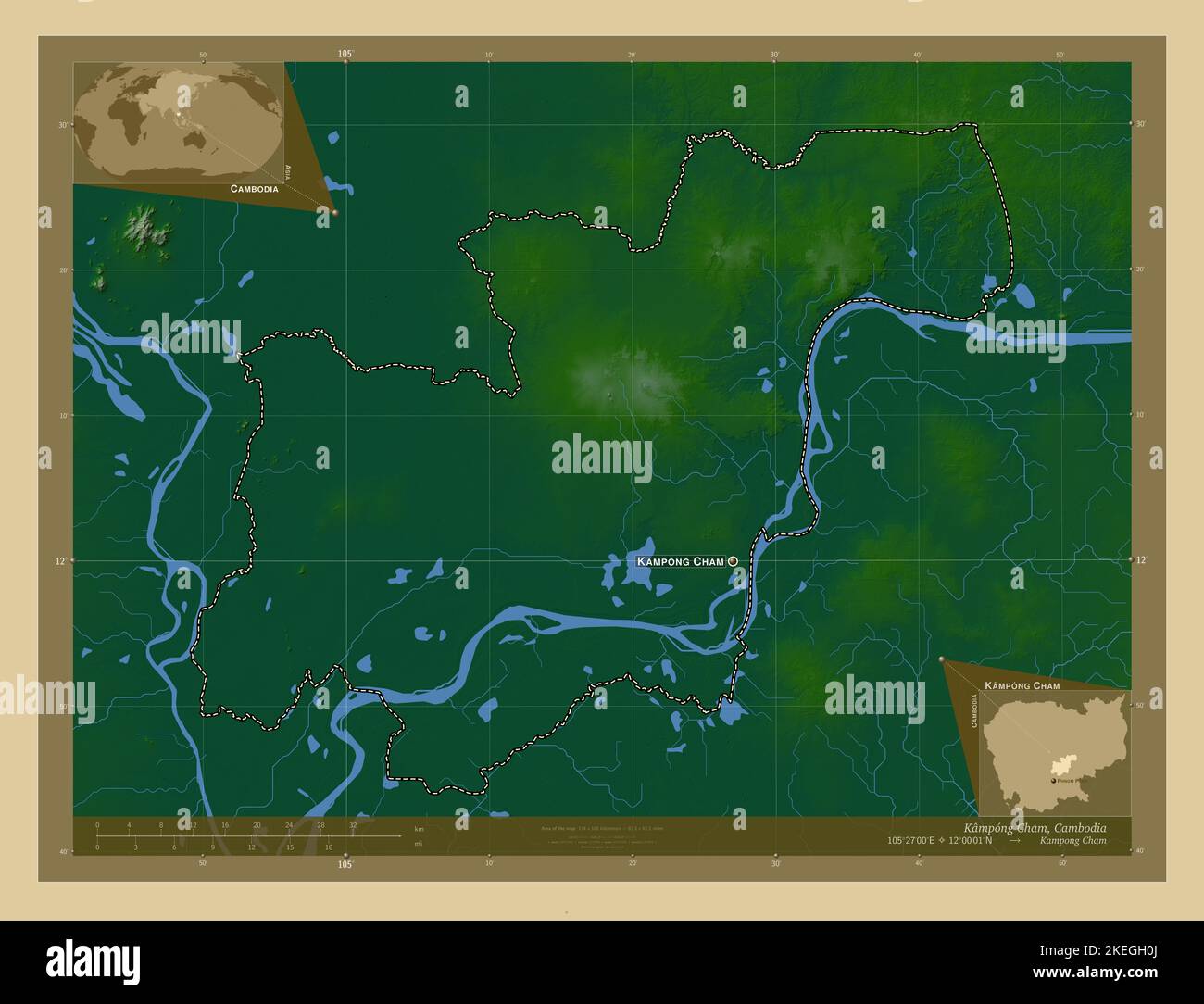 Kampong Cham, province of Cambodia. Colored elevation map with lakes ...