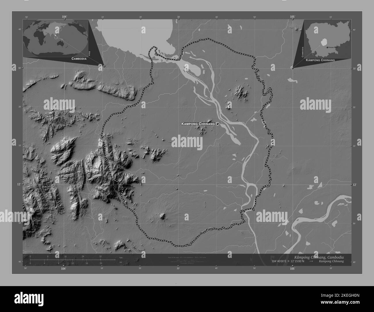 Kampong Chhnang, province of Cambodia. Bilevel elevation map with lakes ...