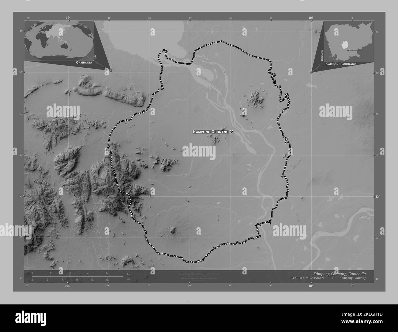 Kampong Chhnang, province of Cambodia. Grayscale elevation map with ...